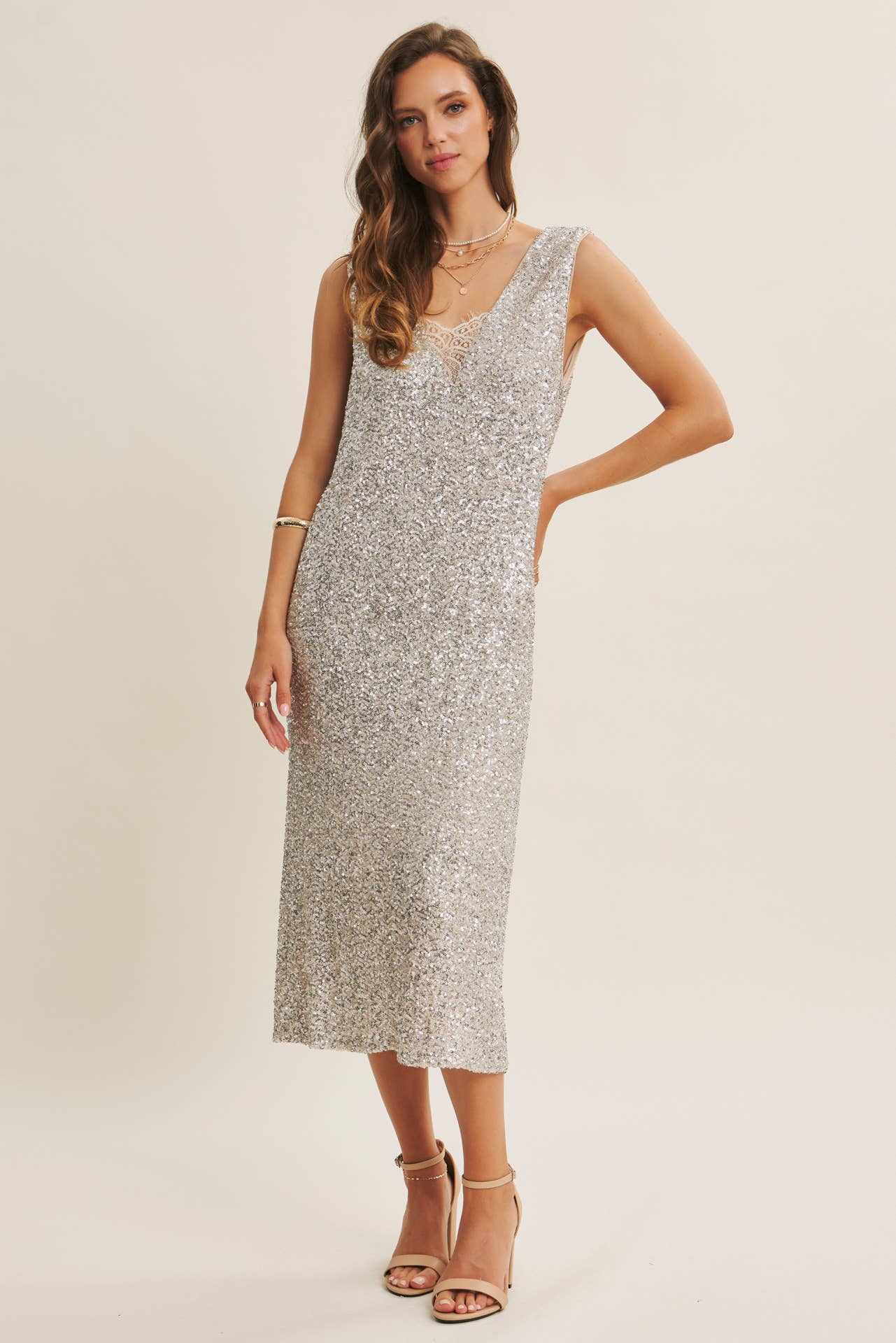 Shimmering Champagne Sequin Lace-Insert Midi Dress – Adlib Clothing